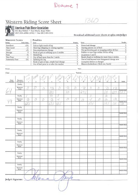 Western Riding Score Sheet ME \ - Spha