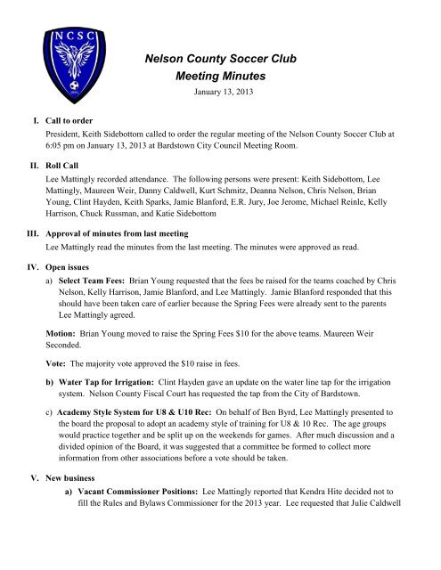 Formal meeting minutes - Nelson County Soccer Club