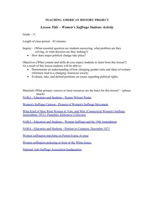 Lesson Title – Women's Suffrage Stations Activity - EastCONN