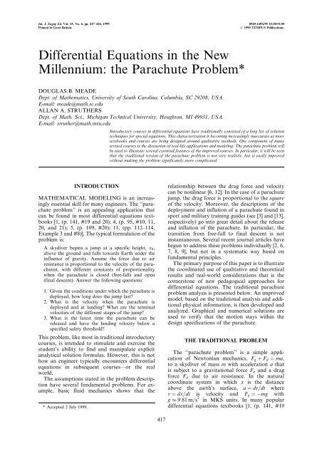 Differential Equations in the New Millennium: the Parachute Problem*