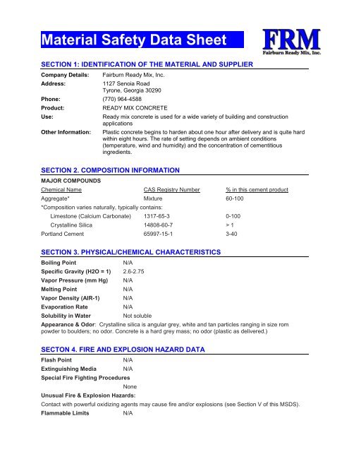 Material Safety Data Sheet fa - Fairburn Ready Mix