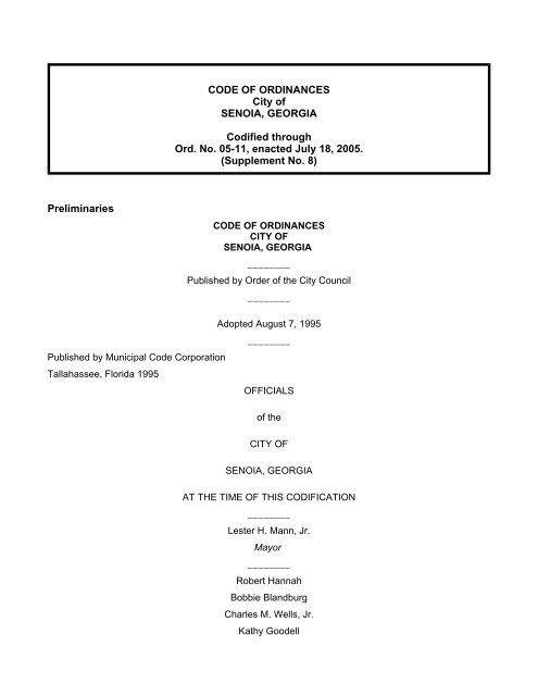 CODE OF ORDINANCES City of SENOIA, GEORGIA Codified ...