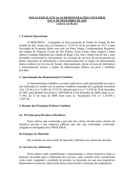 Notas explicativas às Demonstrações Contábeis - Procergs