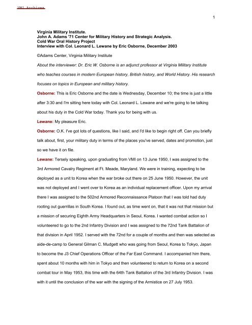 Read the interview transcript - Virginia Military Institute