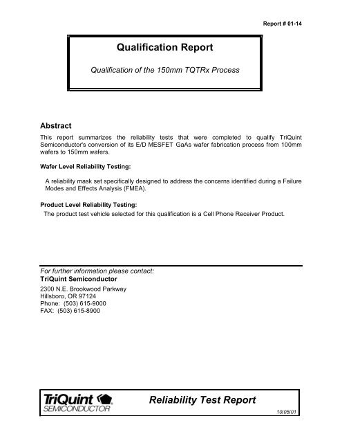 Qualification of the 150mm Process - TriQuint Semiconductor