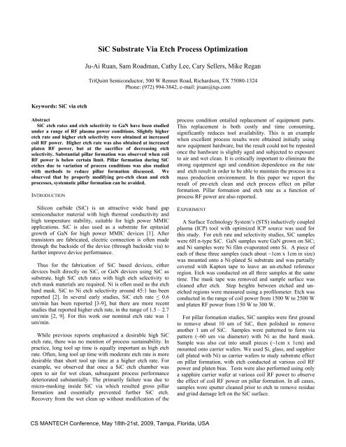 SiC Substrate Via Etch Process Optimization - TriQuint Semiconductor