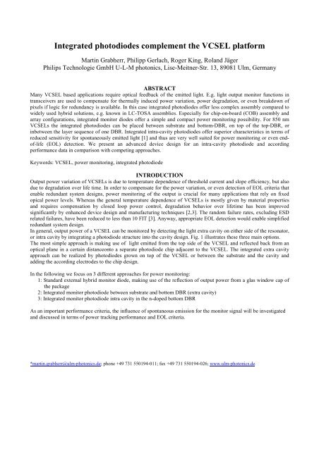 Integrated photodiodes complement the VCSEL ... - ULM Photonics