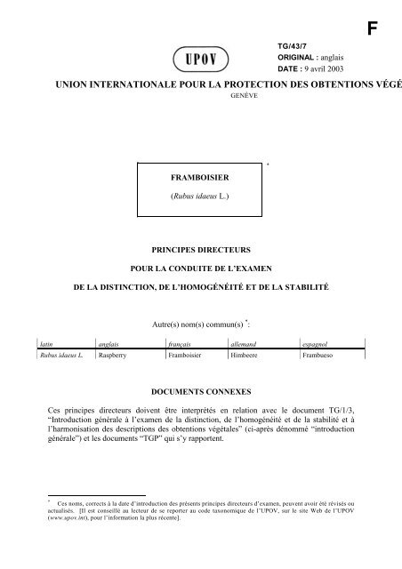 Framboisier - International Union for the Protection of New Varieties ...