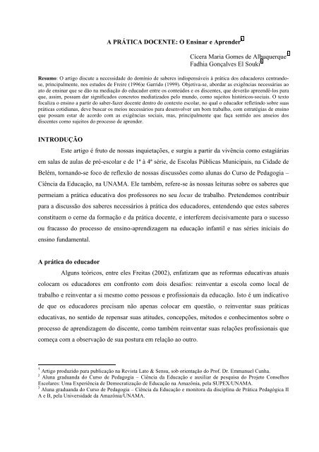 A PRÁTICA DOCENTE: O Ensinar e Aprender - Unama
