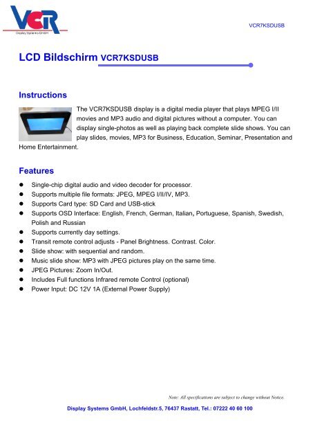 15â Open Frame TFT-LCD Moniitor - der VCR Display Systems GmbH
