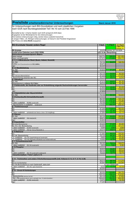 Preisliste arbeitsmedizinischer Untersuchungen