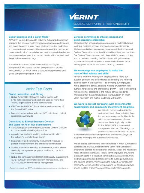 Verint Fast Facts - Verint Systems Inc.