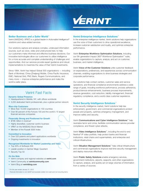 fact sheet - Verint Systems Inc.