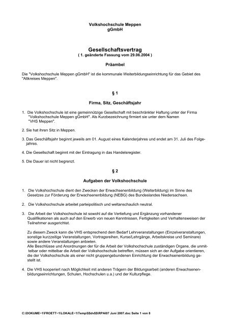 Gesellschaftsvertrag - Volkshochschule Meppen
