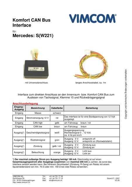 Komfort CAN Bus Interface Mercedes: S(W221) - Vimcom