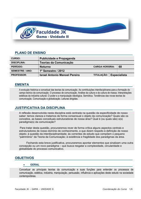 plano de ensino ementa justificativa da disciplina ... - Blog do Israelito