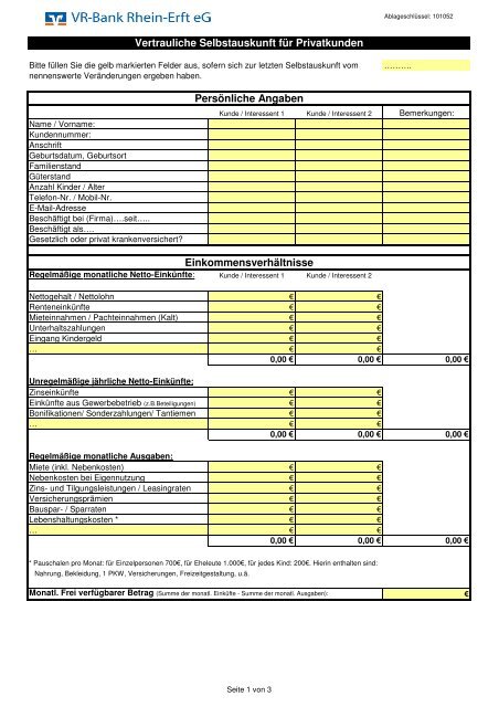 Selbstauskunft für Privatkunden (PDF-Version) - VR-Bank Rhein-Erft ... Selbstauskunft für Privatkunden (PDF-Version) - VR-Bank Rhein-Erft ...