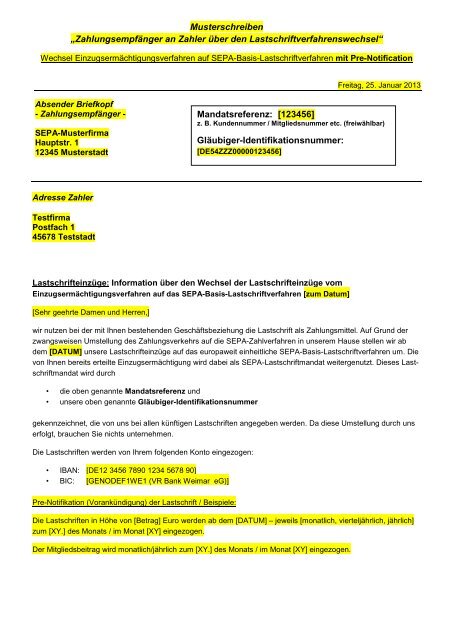 Musteranschreiben zum Wechsel Einzugsermächtigungsverfahren ...