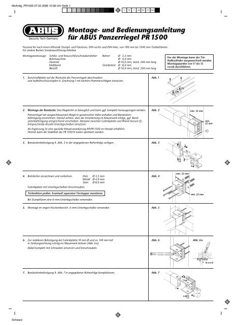 Montage- und Bedienungsanleitung für ABUS Panzerriegel PR 1500