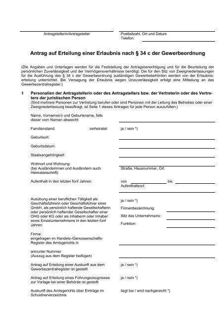 Antrag auf Erteilung einer Erlaubnis nach § 34 c - Wahlstedt