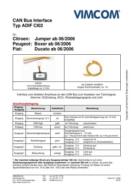 CAN Bus Interface Typ ADIF CI02 Citroen: Jumper ab 06 ... - Vimcom