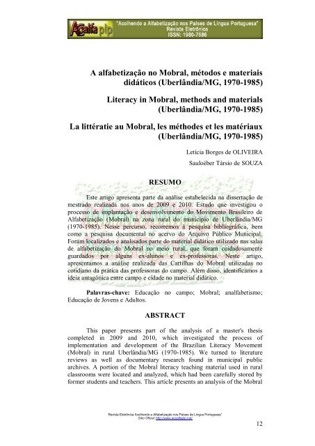 A alfabetização no Mobral, métodos e materiais didáticos - Acoalfaplp