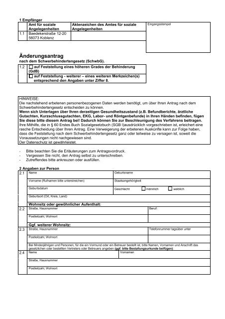 Änderungsantrag nach dem Schwerbehindertengesetz (SchwbG)
