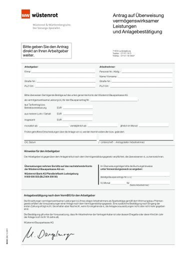 Antrag auf Überweisung vermögenswirksamer Leistungen nach - Bhw