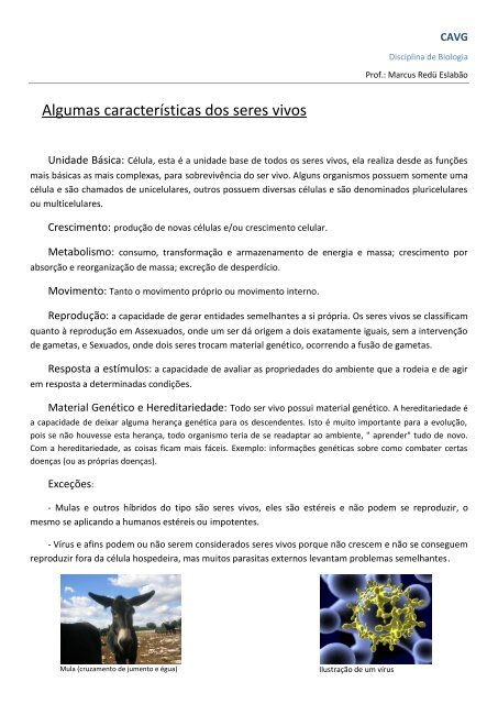 Algumas características dos seres vivos - Biologia - Prof. Marcus
