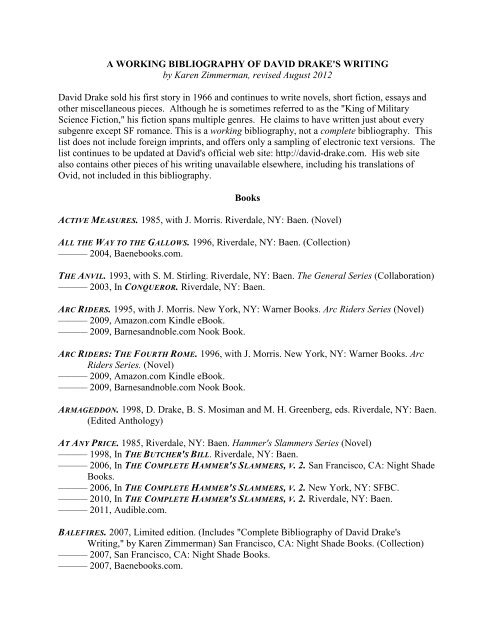 Working Bibliography of Dave's Writing - David Drake