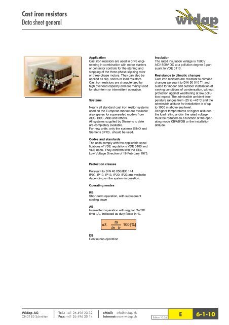 Cast iron resistors Data sheet general - Widap AG