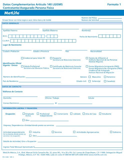 Formato de Datos Complementarios - MetLife