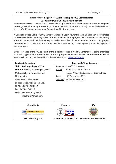 (Pre-RfQ) Conference for 2x800 MW Mahanadi Basin Power ... - MCL