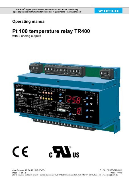 Pt 100 temperature relay TR400 - Ziehl industrie-elektronik GmbH