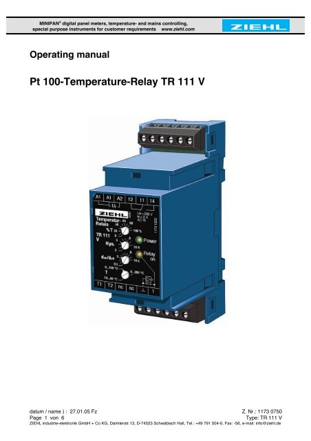 Pt 100-Temperature-Relay TR 111 V - ziehl.de