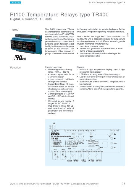 Pt100-Temperature Relays type TR400 - ziehl.de