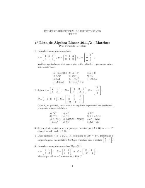 1ª Lista De Exercícios De Álgebra Linear Pdf Ceunes