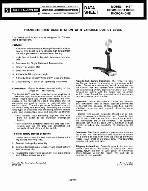 Shure 444T Microphone User Guide