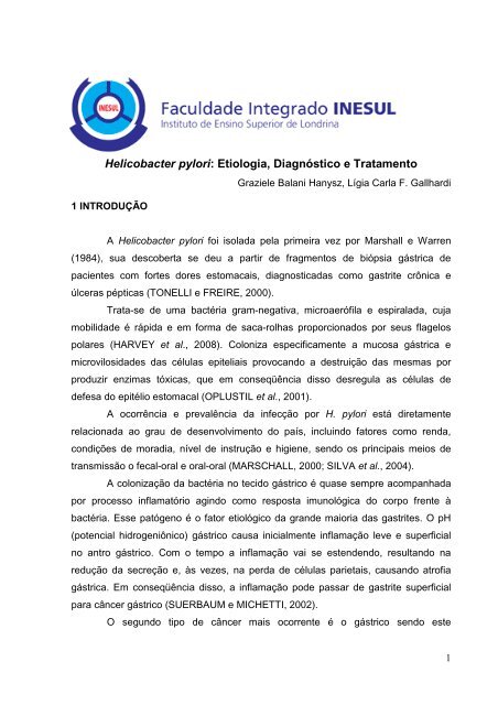 Helicobacter pylori: Etiologia, Diagnóstico e Tratamento - Inesul