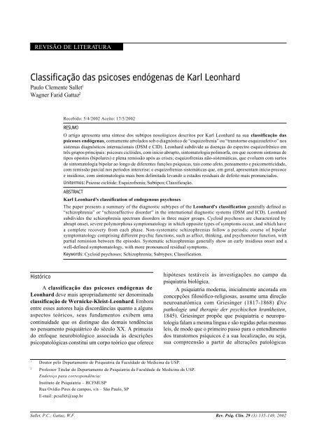Classificação das psicoses endógenas de Karl Leonhard - USP