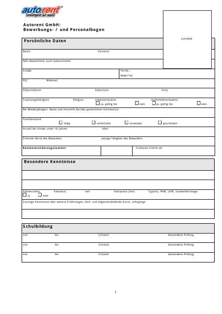 Autorent GmbH: Bewerbungs- / und Personalbogen PersÃ¶nliche ...