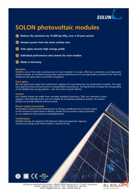 SOLON photovoltaic modules - B5 Solar