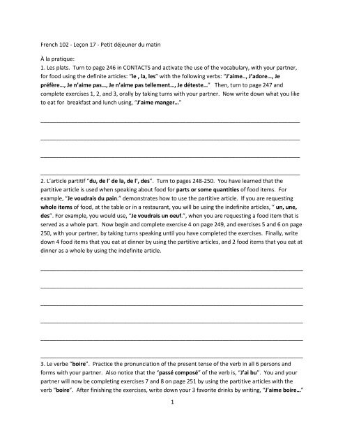 1 French 102 - Leçon 17 - Petit déjeuner du matin À la pratique: 1 ...