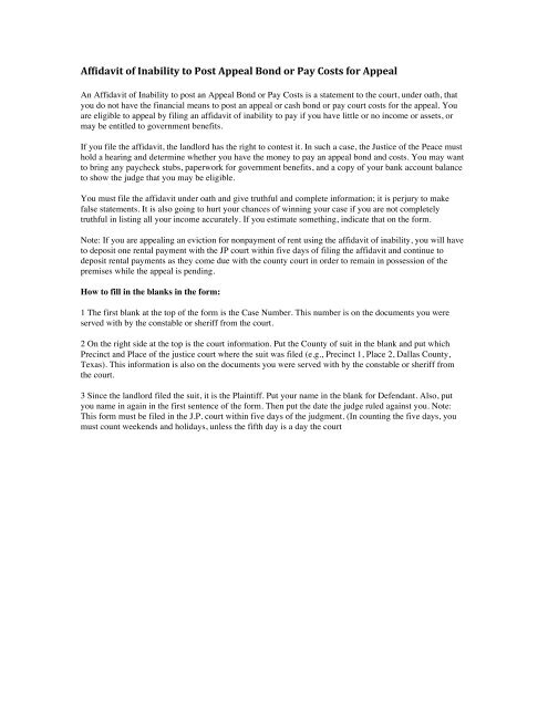Affidavit of Inability to Post Appeal Bond or Pay Costs for Appeal
