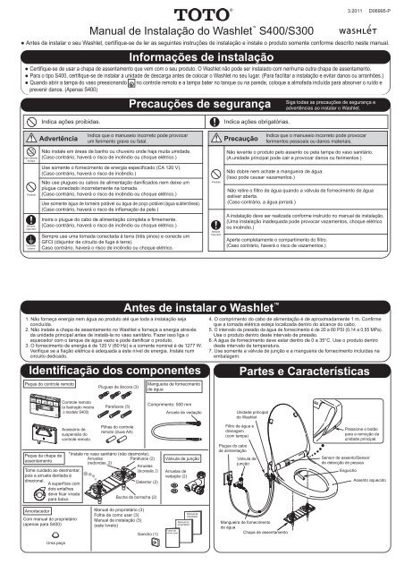 WASHLET S300 Bidê Eletrônico instruções de instalação - Toto