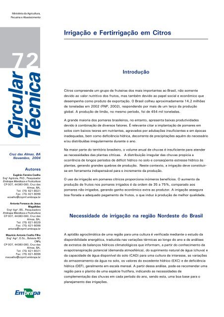 Irrigação e Fertirrigação em Citros - Embrapa Mandioca e Fruticultura