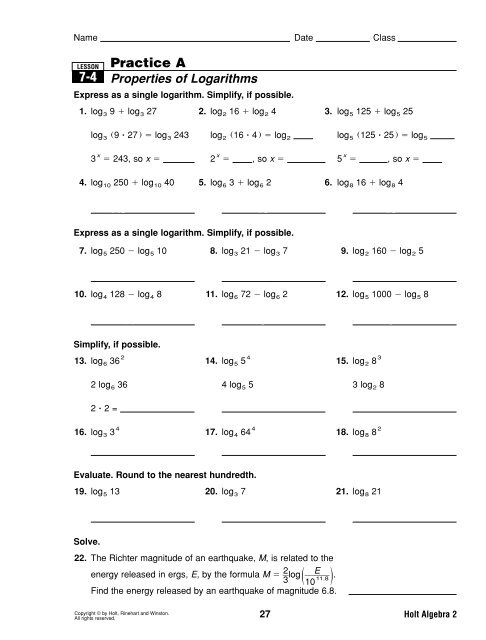 Properties Of Logarithms Practice Pdf Kuhnmath