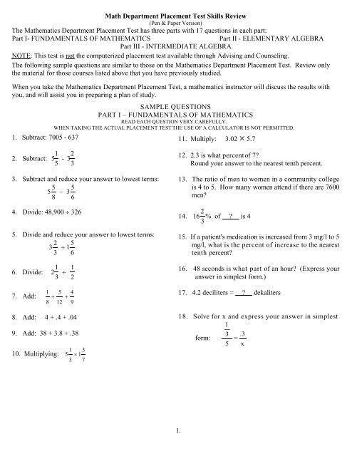 Math Department Placement Test Skills Review The Mathematics ...