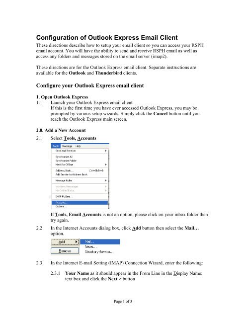 Configuration of Outlook Express Email Client