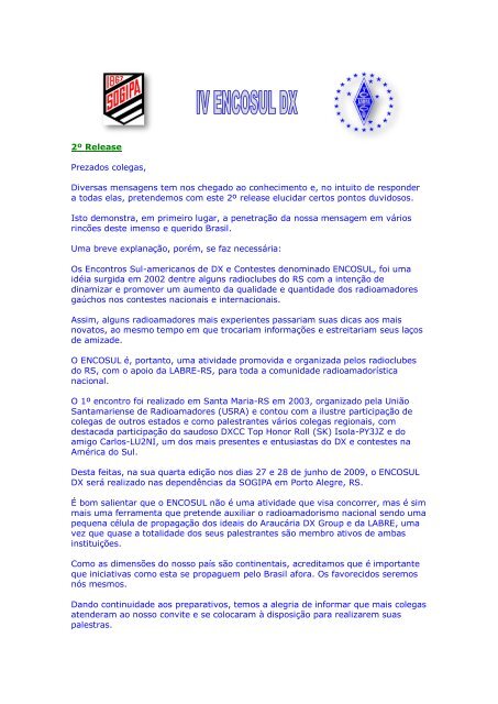 2º Release Prezados colegas, Diversas mensagens tem ... - USRA